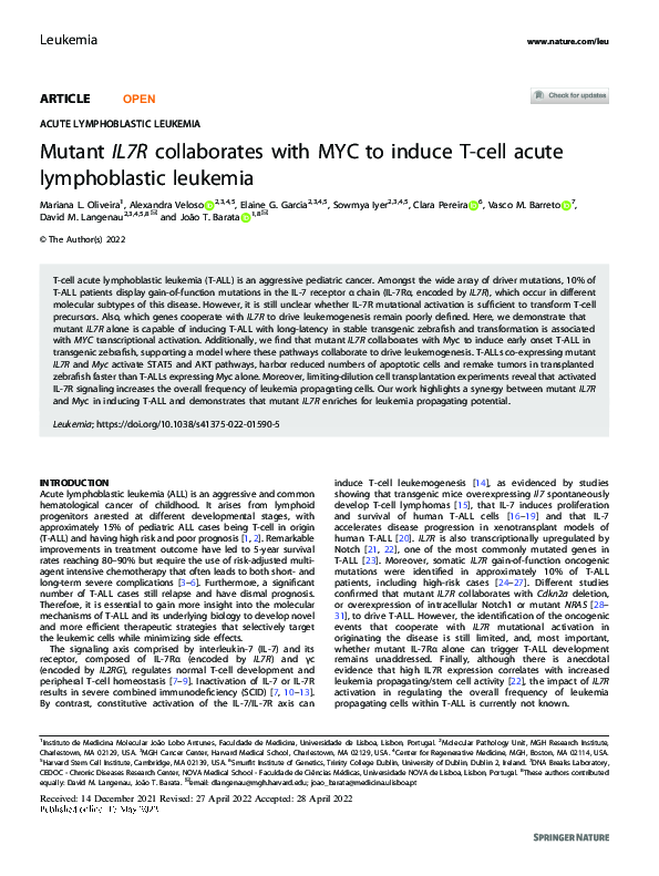 (PDF) Mutant IL7R collaborates with MYC to induce T-cell acute ...