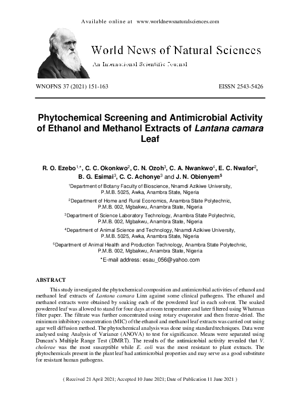 (PDF) Phytochemical Screening and Antimicrobial Activity of Ethanol and Methanol Extracts of ...