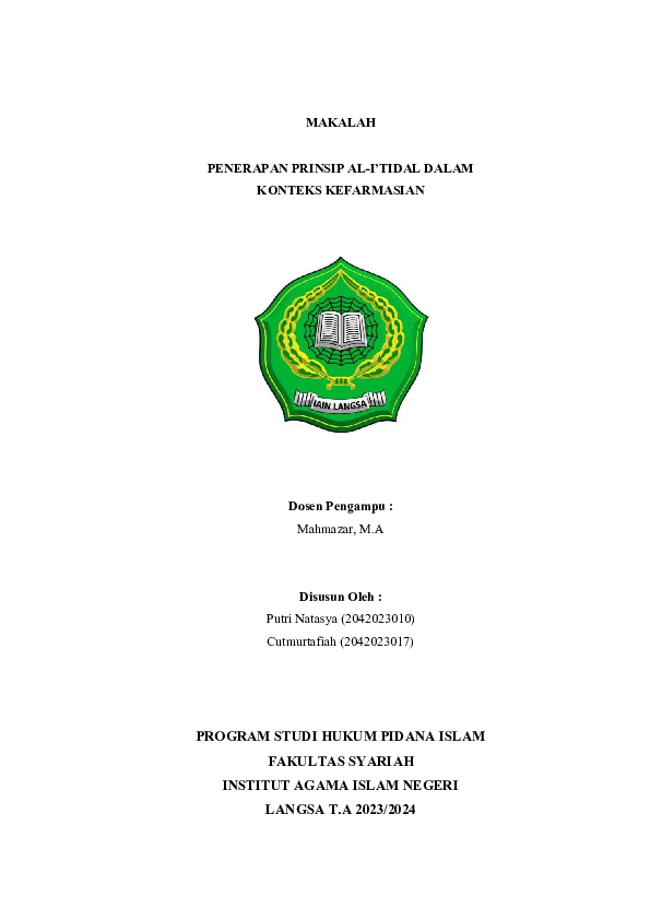 (DOC) MAKALAH PENERAPAN PRINSIP AL ITIDAL DALA