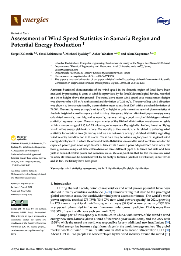 (PDF) Assessment of Wind Speed Statistics in Samaria Region and ...