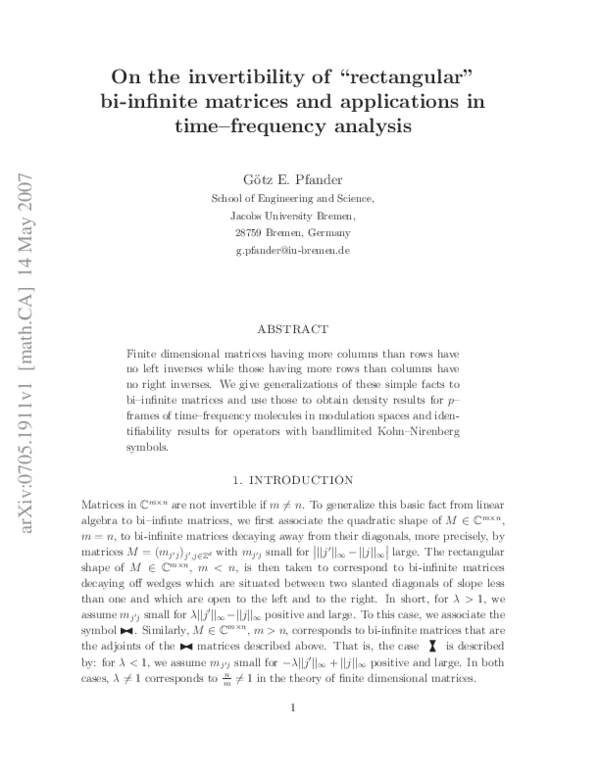 (PDF) On the invertibility of “rectangular” bi-infinite matrices and ...