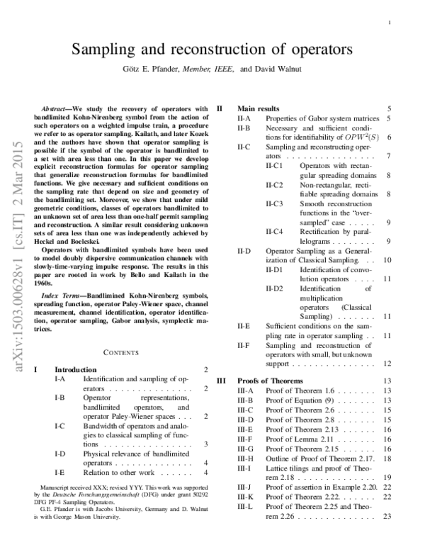 (PDF) Sampling and reconstruction of operators | Götz Pfander ...
