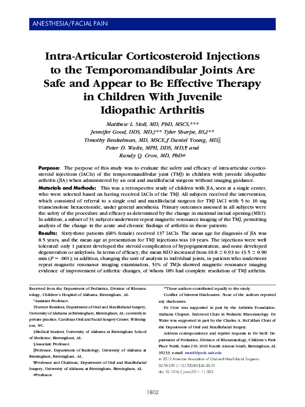 (PDF) Intra-Articular Corticosteroid Injections to the Temporomandibular Joints Are Safe and ...