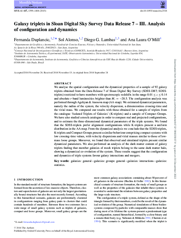 (PDF) Galaxy triplets in Sloan Digital Sky Survey Data Release 7 – III ...