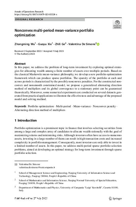 (PDF) Nonconvex multi-period mean-variance portfolio optimization