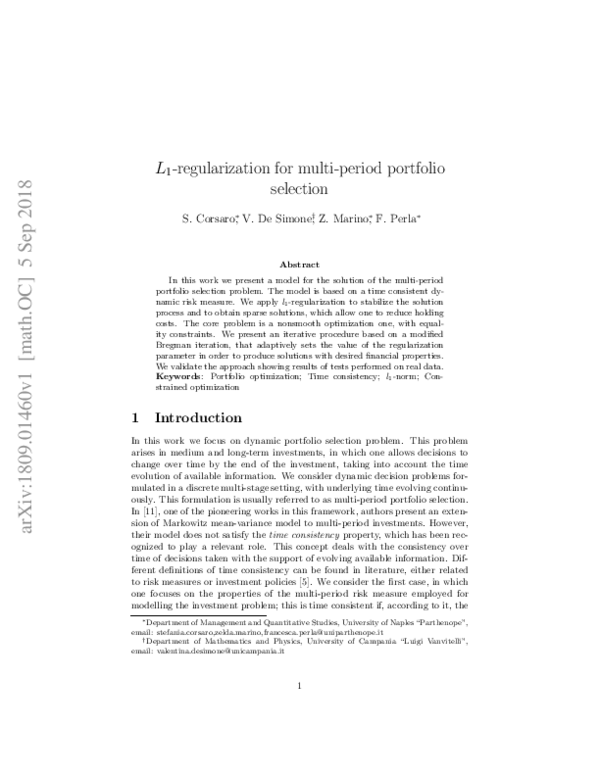 Pdf L1 Regularization For Multi Period Portfolio Selection