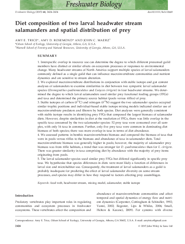 (PDF) Diet composition of two larval headwater stream salamanders and ...