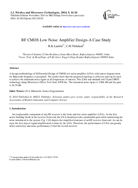 (PDF) RF CMOS Low Noise Amplifier Design-A Case Study