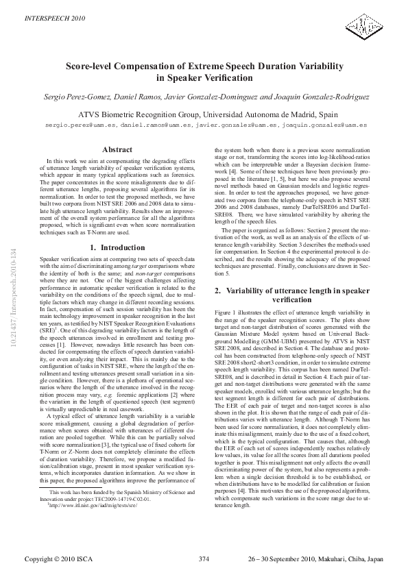 (PDF) Score-level compensation of extreme speech duration variability in speaker verification