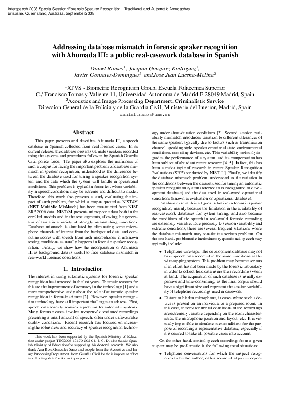 Pdf Addressing Database Mismatch In Forensic Speaker Recognition With