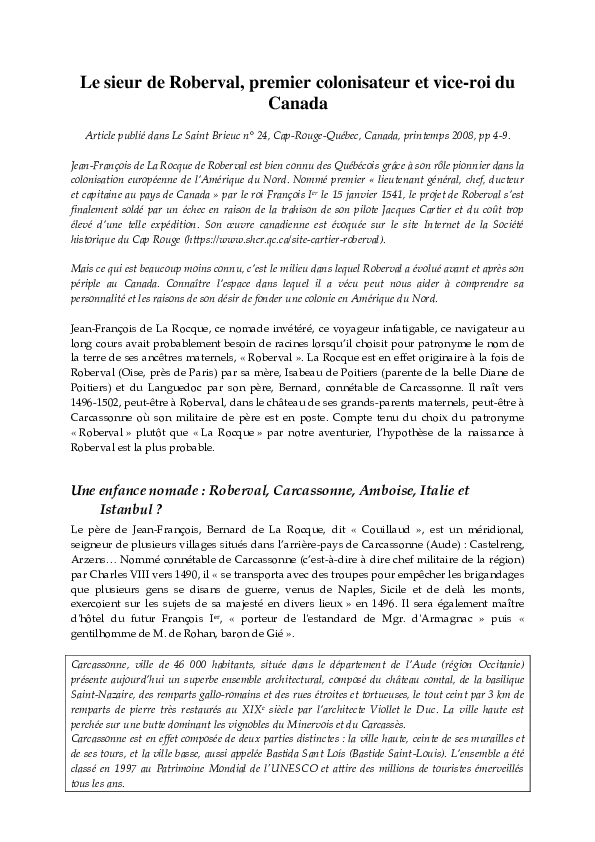 (PDF) Le sieur de Roberval, premier colonisateur et vice-roi du Canada