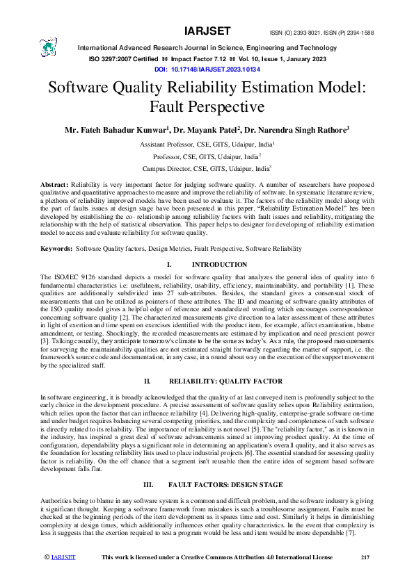(PDF) Software Quality Reliability Estimation Model: Fault Perspective