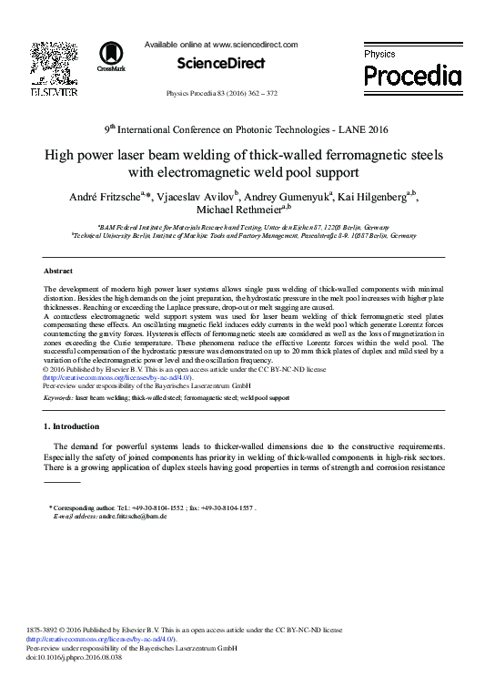 (PDF) High Power Laser Beam Welding of Thick-walled Ferromagnetic ...