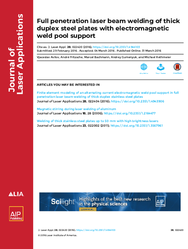 (PDF) Full penetration laser beam welding of thick duplex steel plates ...