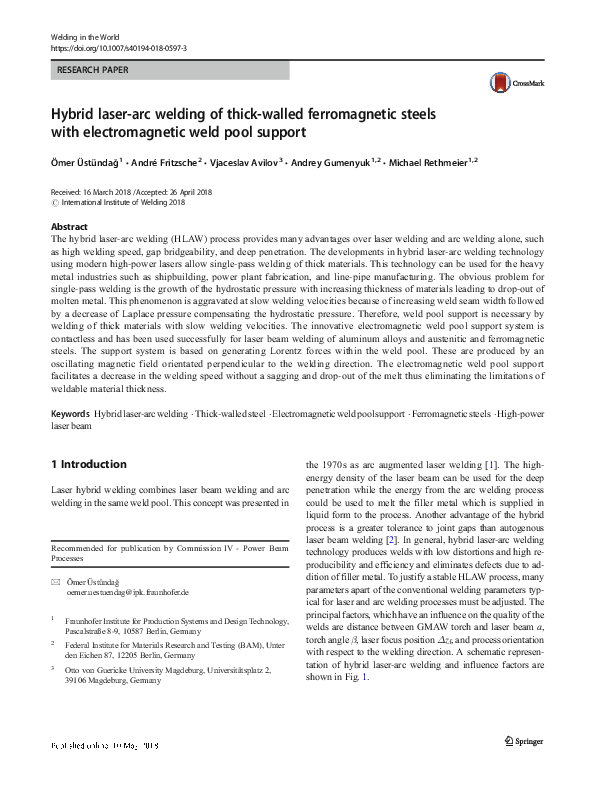 (PDF) Hybrid laser-arc welding of thick-walled ferromagnetic steels ...