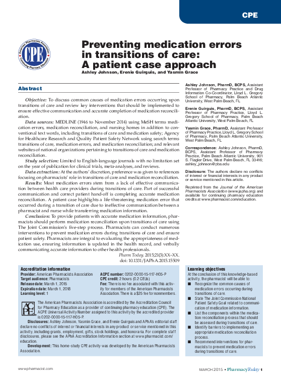 (PDF) Preventing medication errors in transitions of care: A patient case approach | Ashley ...