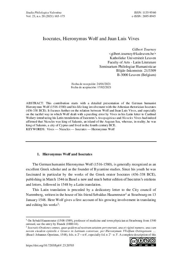 (PDF) Isocrates, Hieronymus Wolf and Juan Luis Vives
