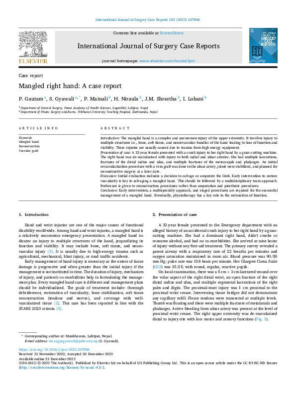 (PDF) Mangled right hand: A case report