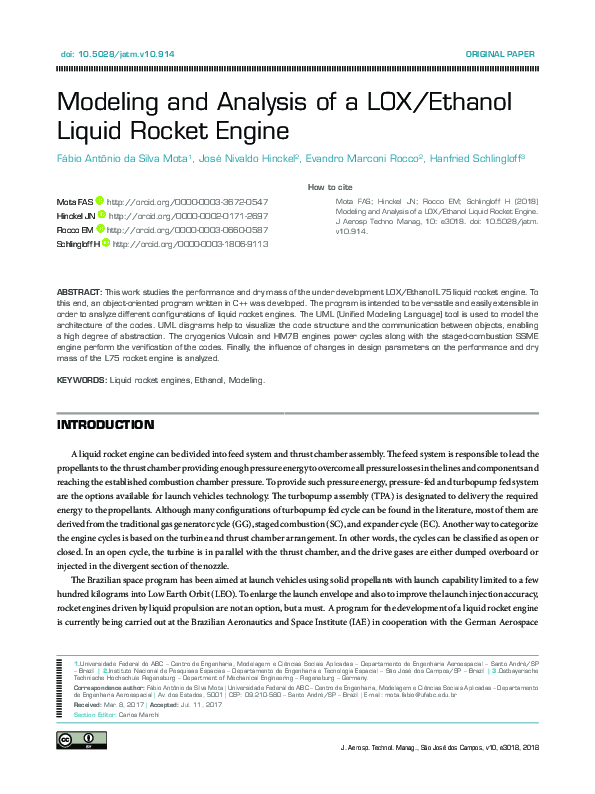 (PDF) Modeling and Analysis of a LOX/Ethanol Liquid Rocket Engine