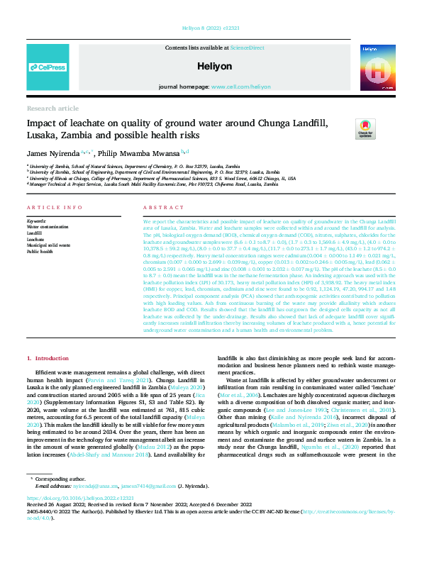 (PDF) Impact of leachate on quality of ground water around Chunga ...