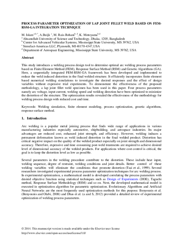 (PDF) Process parameter optimization of lap joint fillet weld based on FEM–RSM–GA integration ...