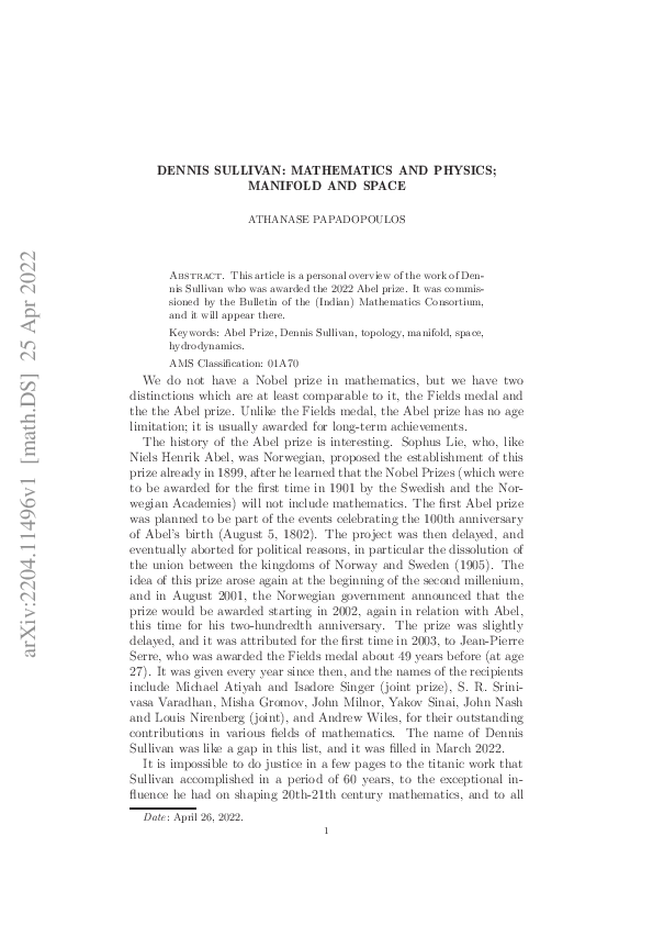 (PDF) Dennis Sullivan: Mathematics and physics; manifold and space