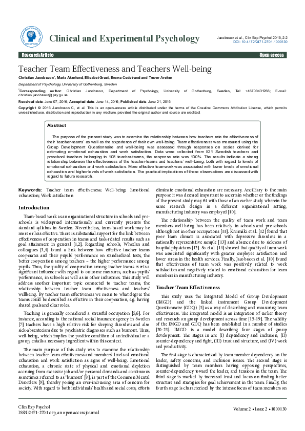 (PDF) Teacher Team Effectiveness and Teachers Well-being
