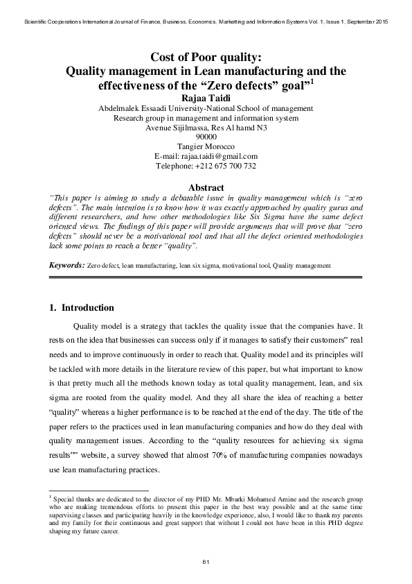 (PDF) Cost of Poor quality : Quality management in Lean manufacturing ...