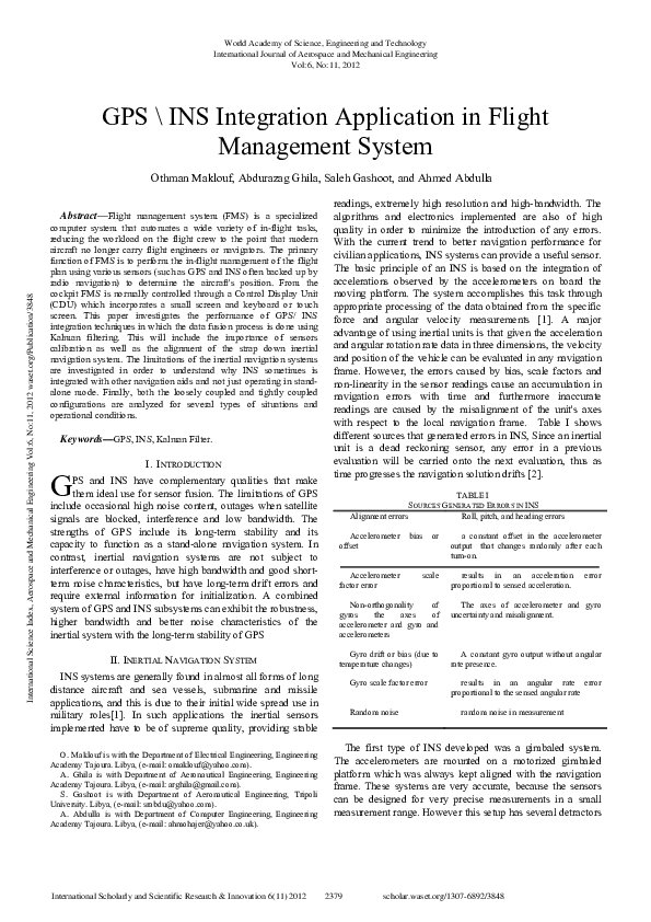 (PDF) GPS INS Integration Application in Flight Management System