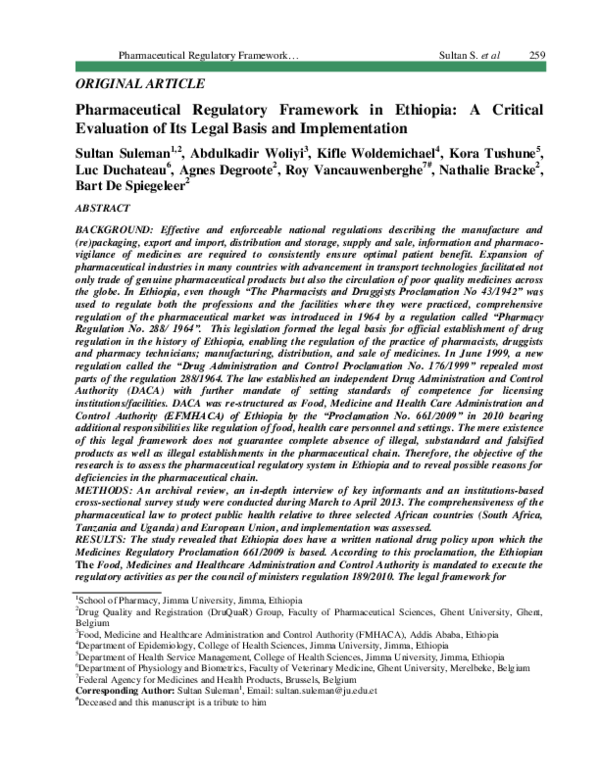 (PDF) Pharmaceutical Regulatory Framework in Ethiopia: A Critical Evaluation of Its Legal Basis ...