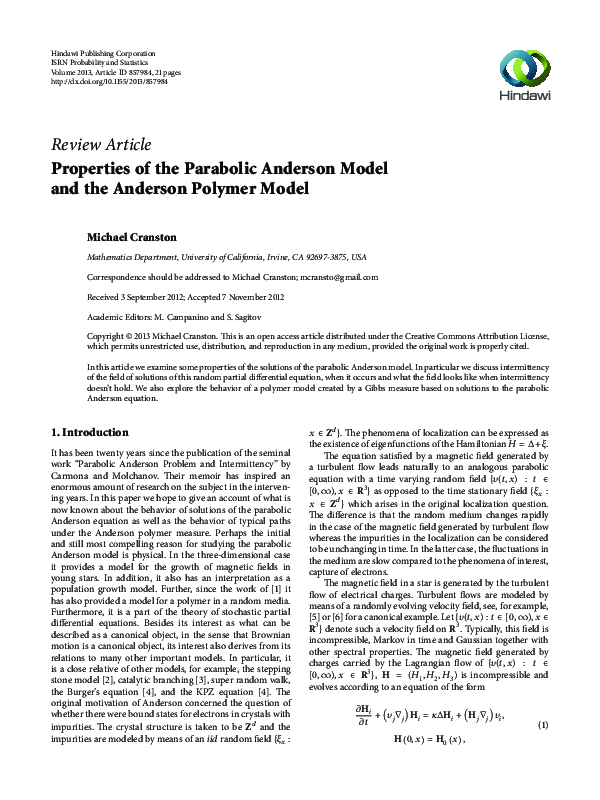 (PDF) Properties of the Parabolic Anderson Model and the Anderson ...