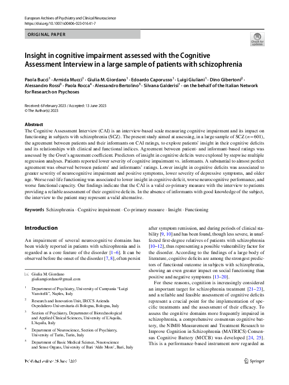 (PDF) Insight in cognitive impairment assessed with the Cognitive Assessment Interview in a ...