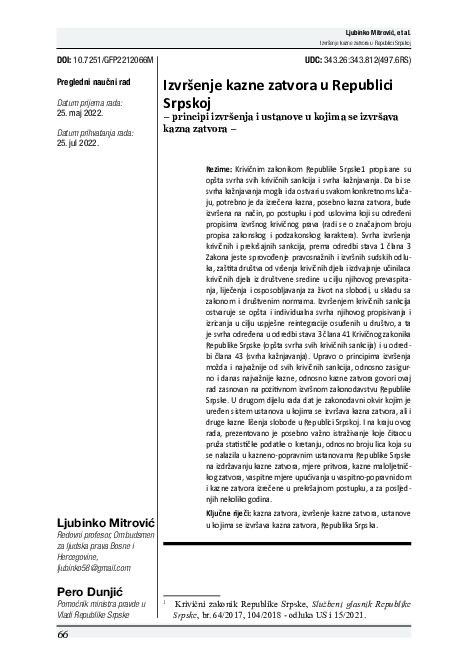 (PDF) Execution of Prison Sentences in the Republic of Srpska | Ljubinko Mitrovic - Academia.edu