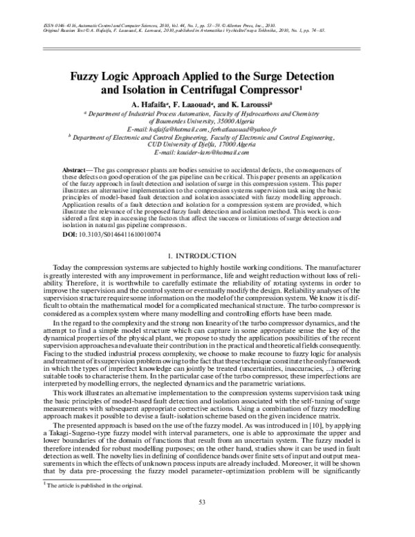 Pdf Fuzzy Logic Approach Applied To The Surge Detection And Isolation In Centrifugal Compressor