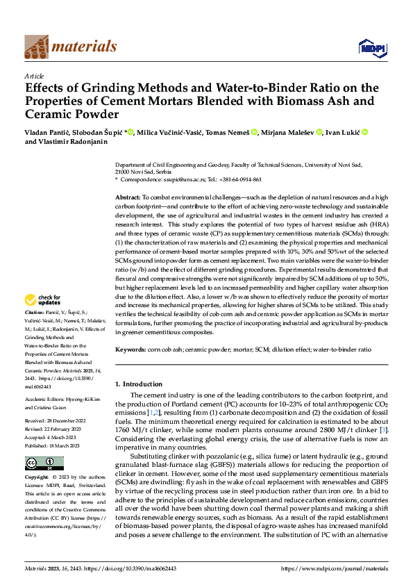 (PDF) Effects of Grinding Methods and Water-to-Binder Ratio on the Properties of Cement Mortars ...