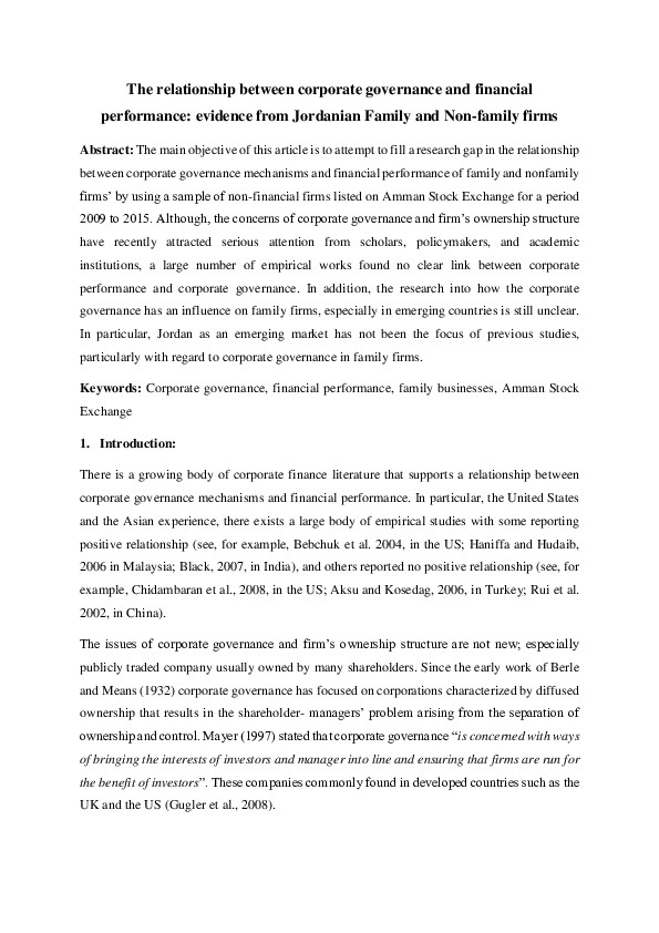 (PDF) The relationship between corporate governance and financial performance