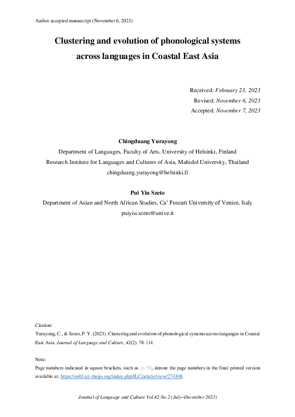 (PDF) Clustering and evolution of phonological systems across languages in Coastal East Asia