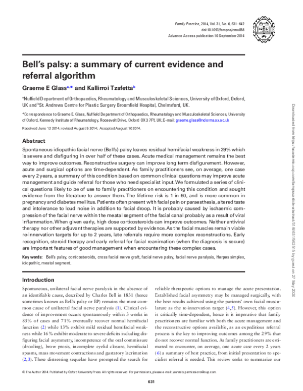 (PDF) Bell's palsy: a summary of current evidence and referral algorithm