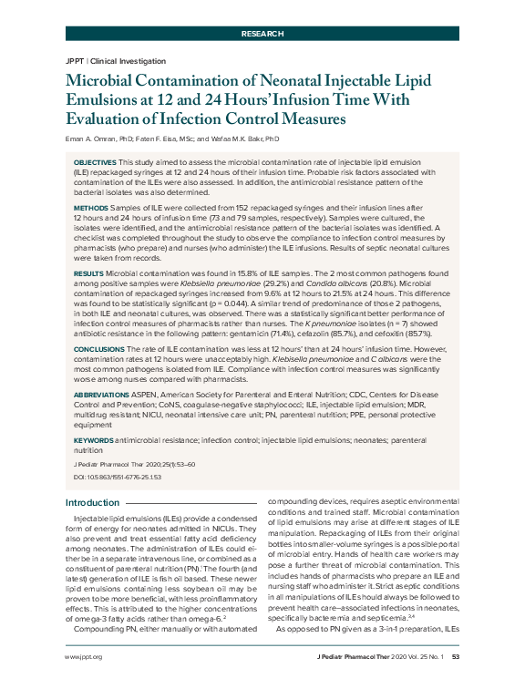 (PDF) Microbial Contamination of Neonatal Injectable Lipid Emulsions at ...