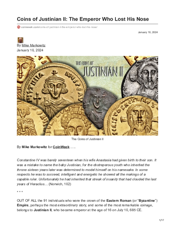 (PDF) Coins of Justinian II: The Emperor Who Lost His Nose