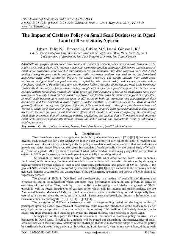 (PDF) The Impact of Cashless Policy on Small Scale Businesses in Ogoni Land of Rivers State, Nigeria