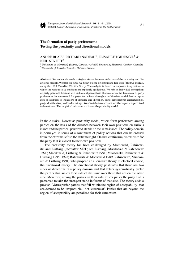 (PDF) The formation of party preferences: Testing the proximity and ...