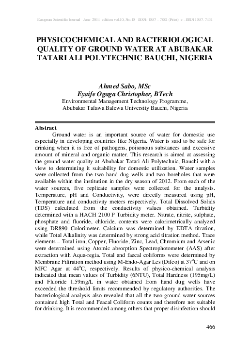 (PDF) Physicochemical and Bacteriological Quality of Ground Water at ...