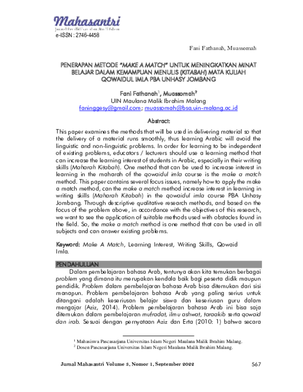 (PDF) Penerapan Metode “Make A Match” untuk Meningkatkan Minat Belajar dalam Kemampuan Menulis ...