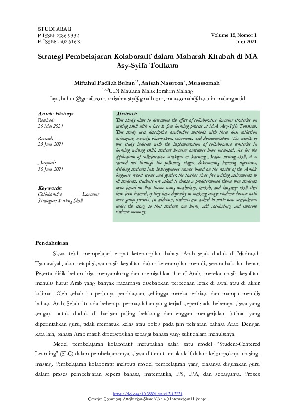 (PDF) Strategi Pembelajaran Kolaboratif dalam Maharah Kitabah di MA Asy ...