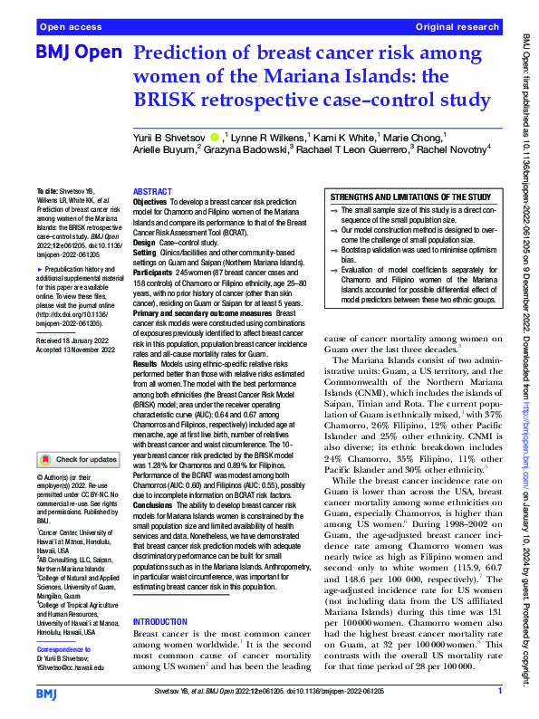 (PDF) Prediction of breast cancer risk among women of the Mariana Islands: the BRISK ...
