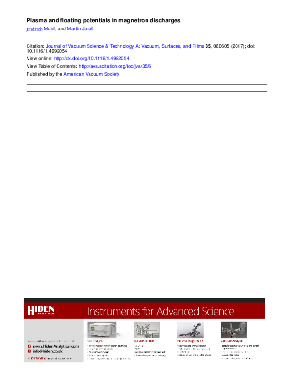 (PDF) Plasma and floating potentials in magnetron discharges