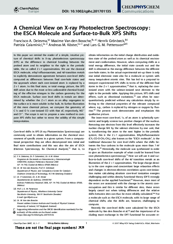(PDF) A Chemical View on X‐ray Photoelectron Spectroscopy: the ESCA Molecule and Surface‐to‐Bulk ...