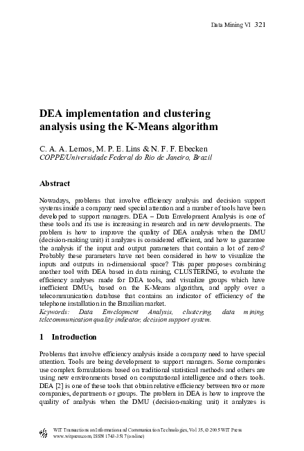 Pdf Dea Implementation And Clusteringanalysis Using The K Means Algorithm Nelson F R A N C I 
