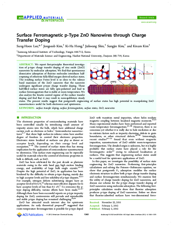 (PDF) Surface Ferromagnetic p-Type ZnO Nanowires through Charge ...